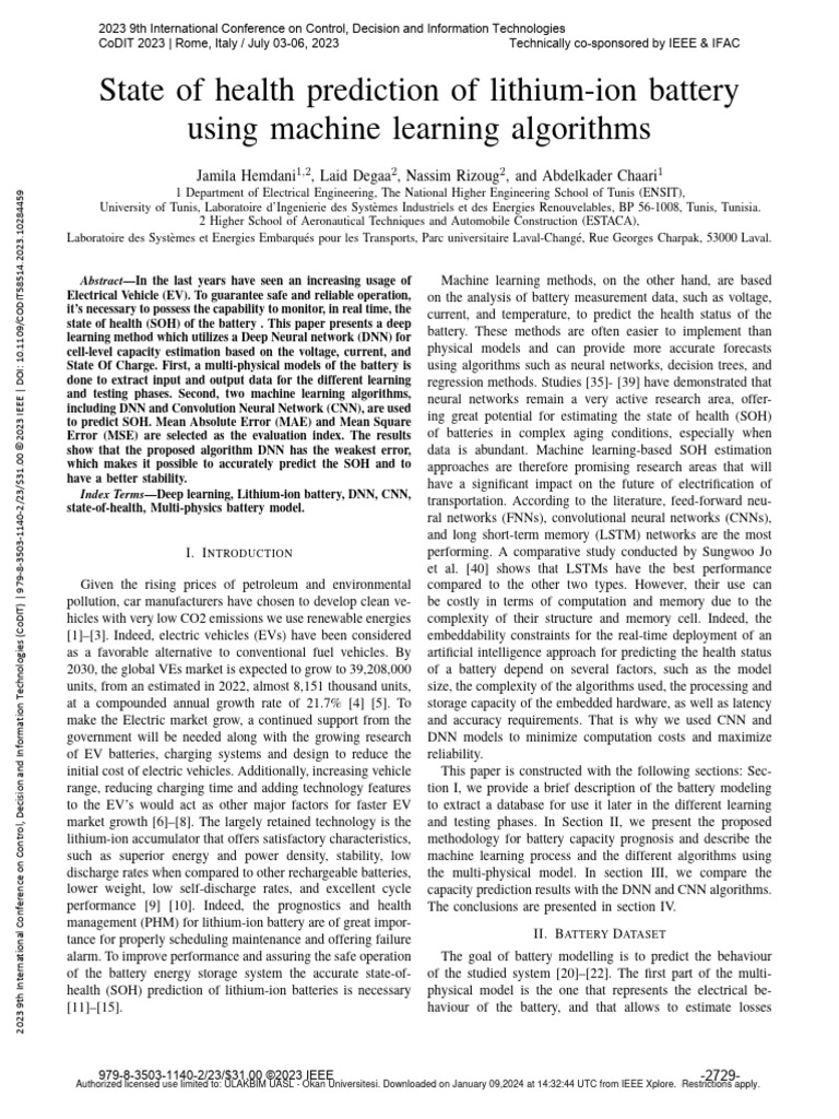 State Of Health Prediction Of Lithium Ion Battery Using Machine Learning Algorithms Pdf Deep