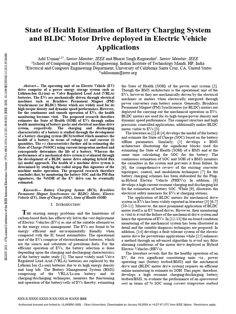State of Health Estimation of Battery Charging System and BLDC Motor Drive Deployed in Electric ...