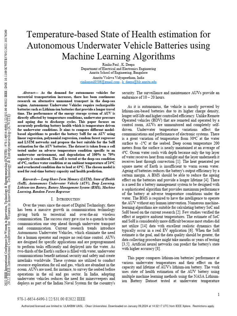 Temperature Based State Of Health Estimation For Autonomous Underwater Vehicle Batteries Using