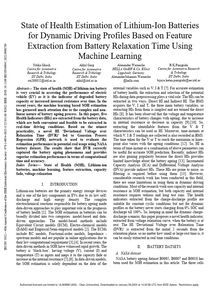 State Of Health Estimation Of Lithium Ion Batteries For Dynamic Driving Profiles Based On