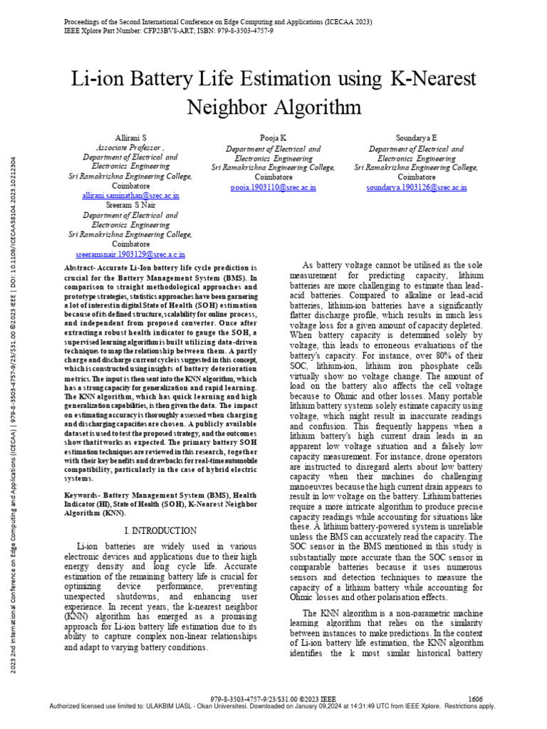 Li-Ion Battery Life Estimation Using K-Nearest Neighbor Algorithm ... Li-Ion Battery Life Estimation Using K-Nearest Neighbor Algorithm ...