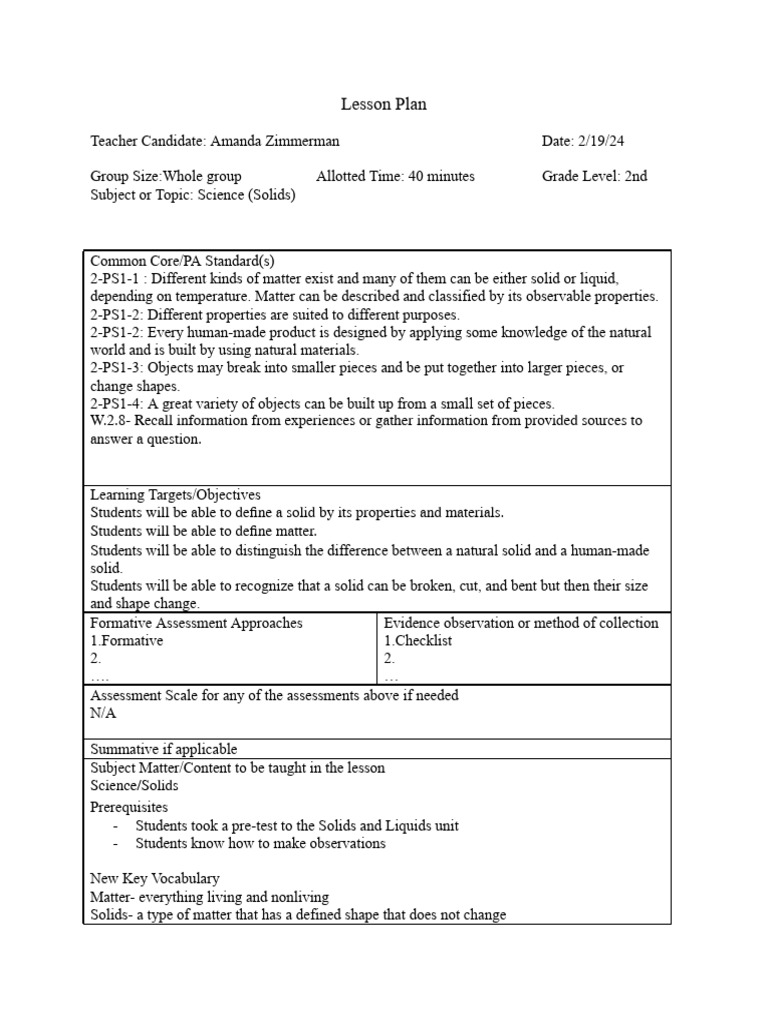 2nd Grade Science Lesson on Solids | PDF | Behavior Modification ...