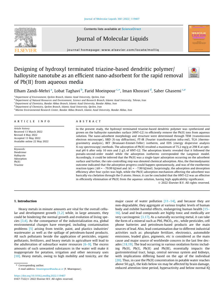 Journal of Molecular Liquids: Elham Zandi-Mehri, Lobat Taghavi, Farid ...
