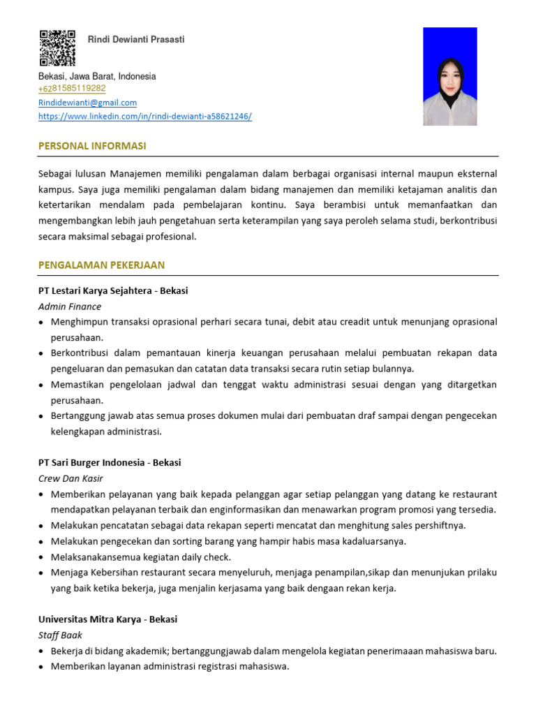 Contoh CV Rindi Dewianti Prasasti | PDF | Karier & Perkembangan