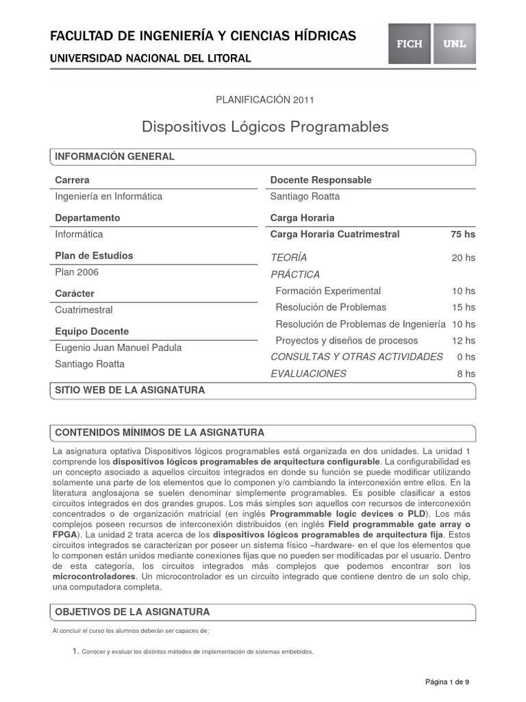 Planificación Dispositivos Lógicos Programables 2011 Ing. en Informática | PDF | Arreglos de ...