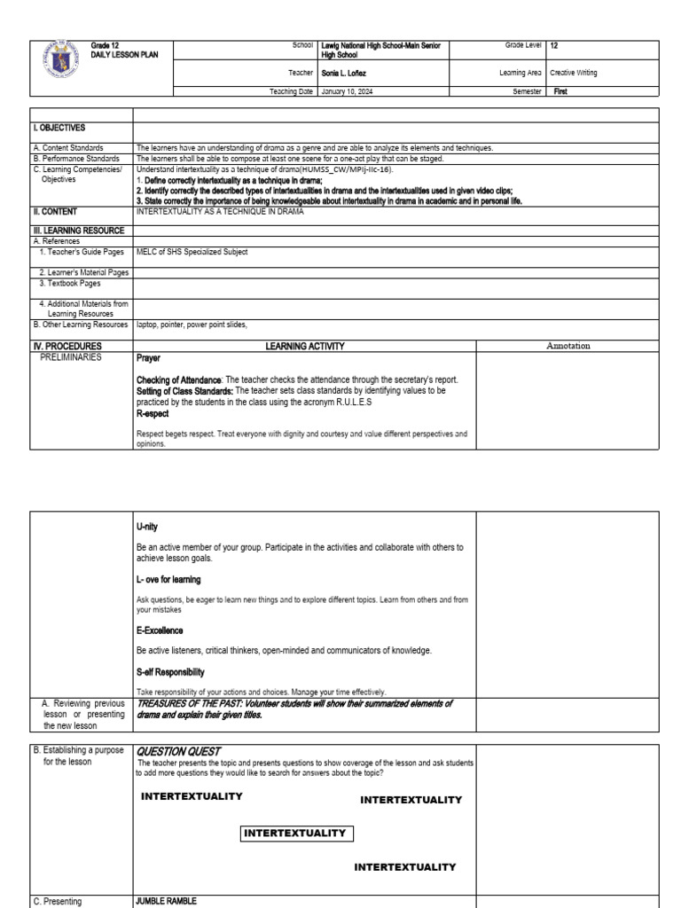 DLL 2nd Q Observation 2023 | PDF | Intertextuality | Learning
