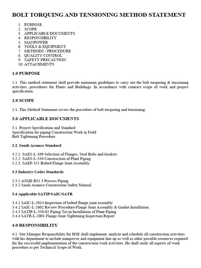 Bolt Torquing and Tensioning Method Statement | PDF | Screw | Nut ...
