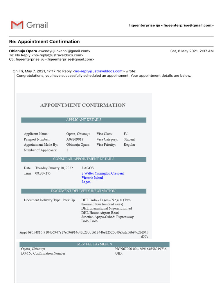 F-1 Visa Appointment Confirmation Details | PDF | Travel Visa