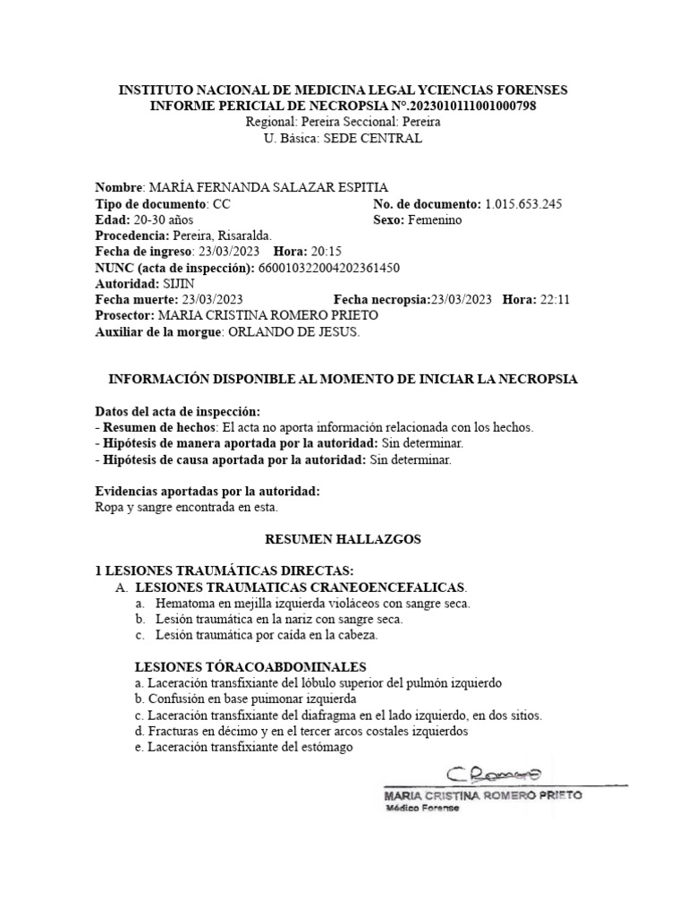 8 - Informe Pericial de Necropsia | PDF | Lesión | Anatomía humana