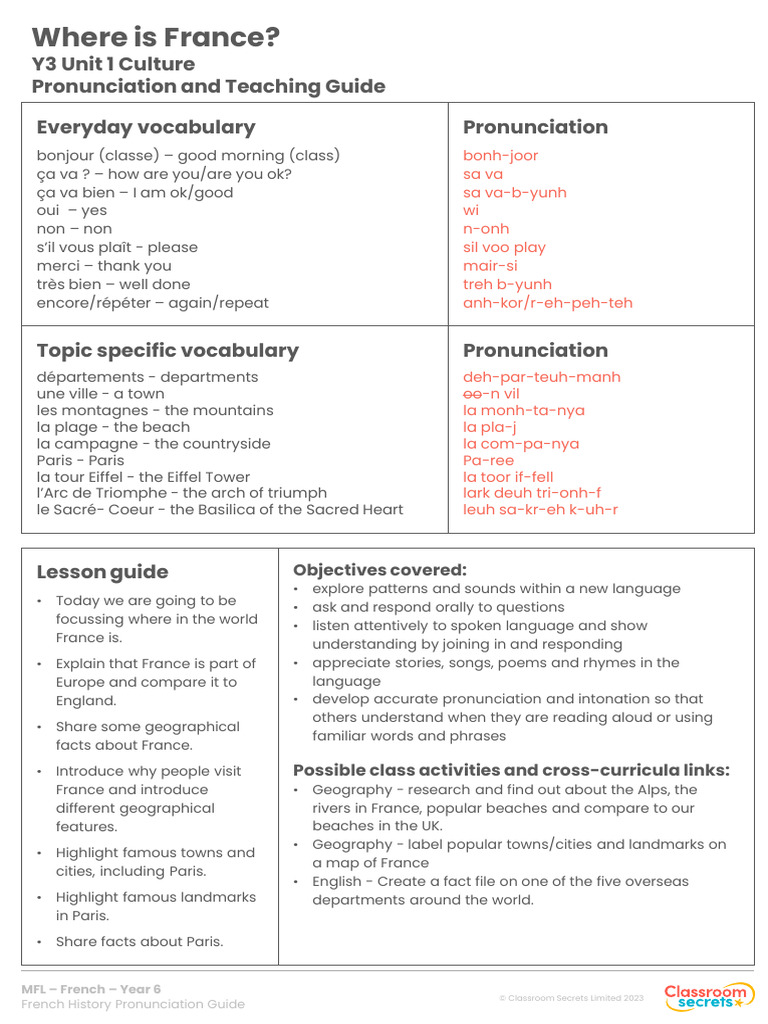 Year 3 Where Is France Pronunciation Guide | PDF | Linguistics | Human ...