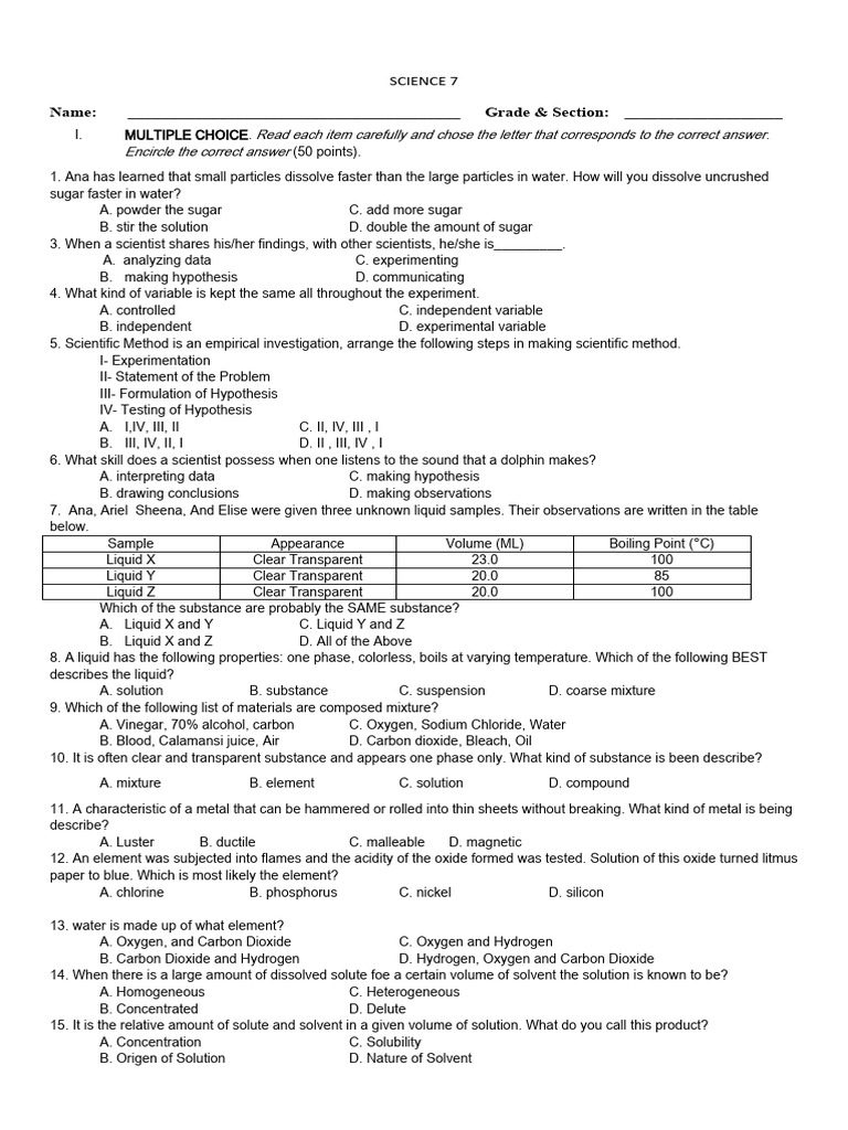 Science G7 Q1 Test Questions (Repaired) | PDF | Acid | Chlorine