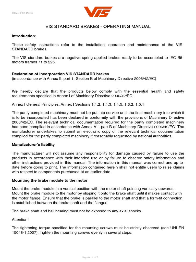 VIS Standard Brakes Operating Manual | PDF | Screw | Bearing (Mechanical)