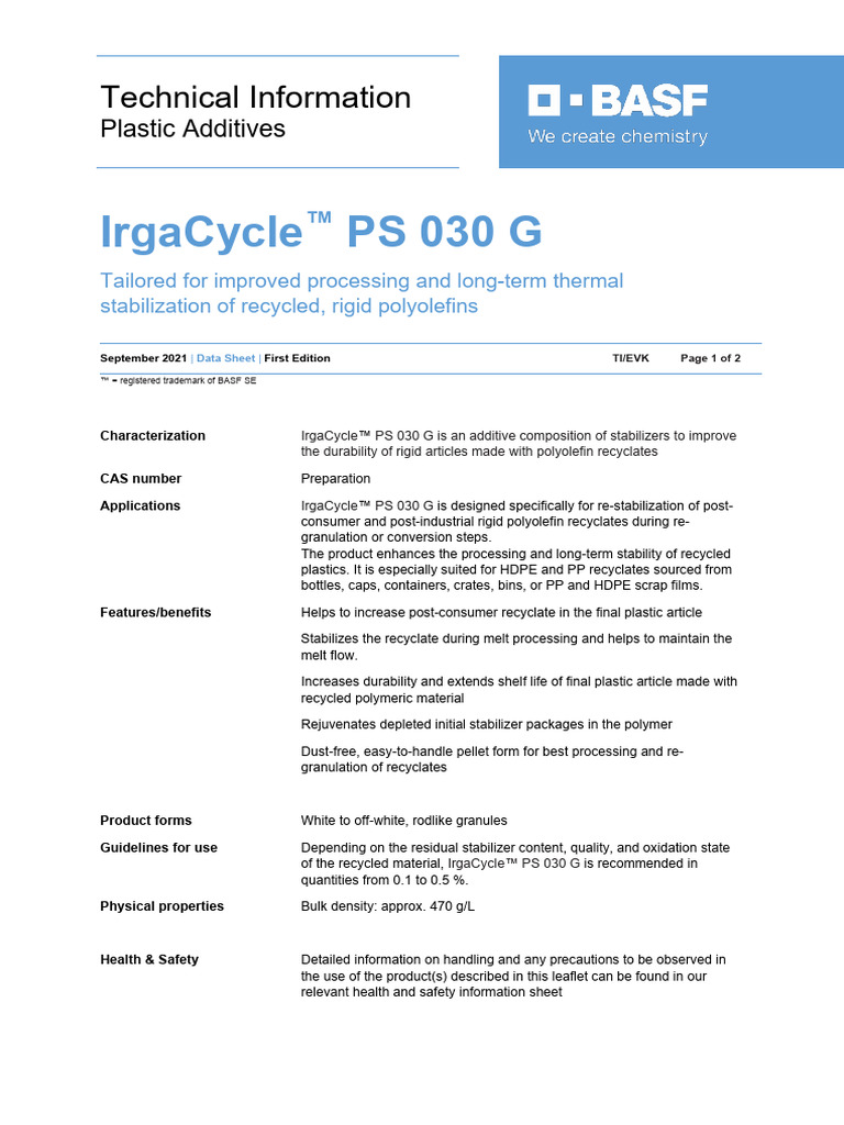TDS Irgacycle PS 030 G ENG | PDF | Recycling | Plastic