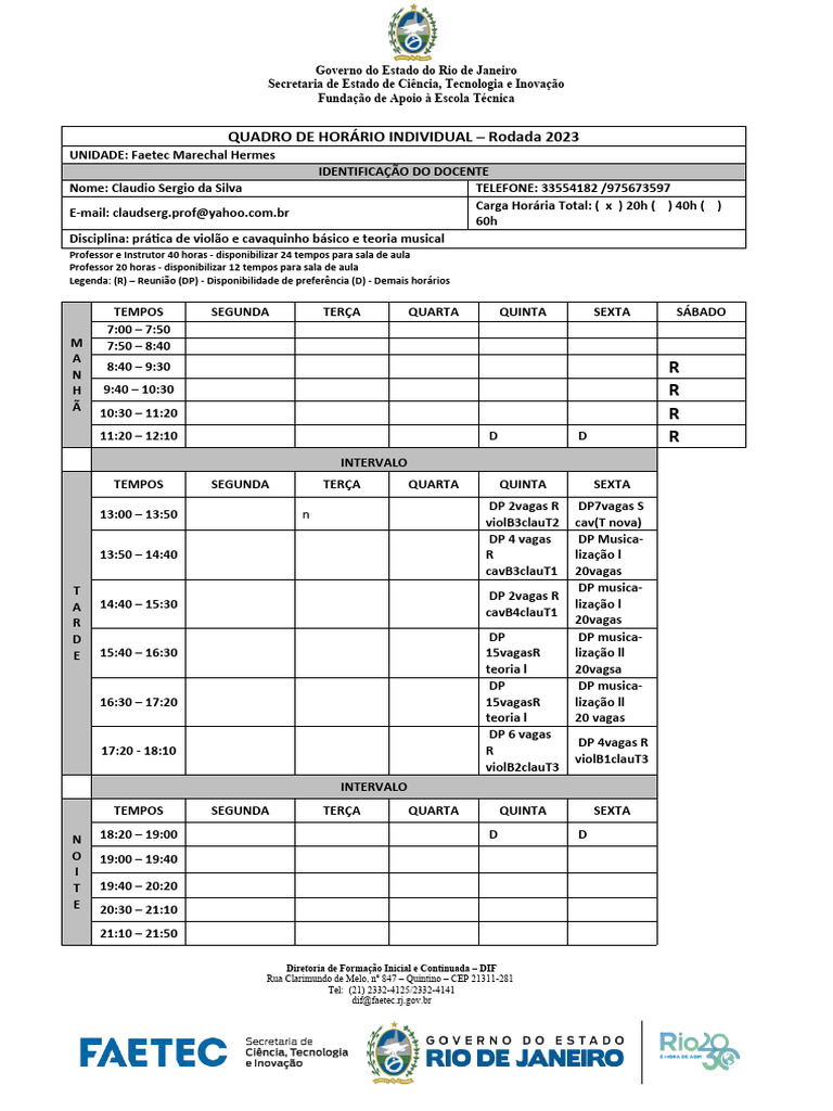 QUADRO DE HORÁRIO INDIVIDUAL - Rodada 2023 | PDF