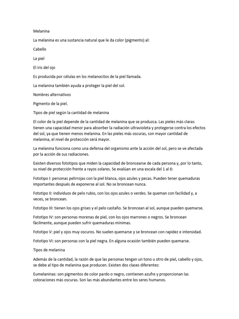 Melanina: Función, Tipos y Fototipos | PDF | Color de piel humana | Piel