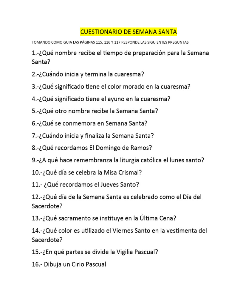 CUESTIONARIO Semana Santa | PDF