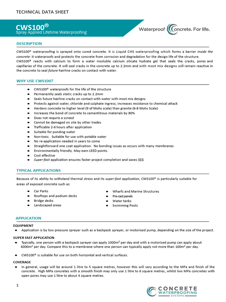 2021.09.13 CWS100 Technical Data Sheet | PDF | Concrete | Materials