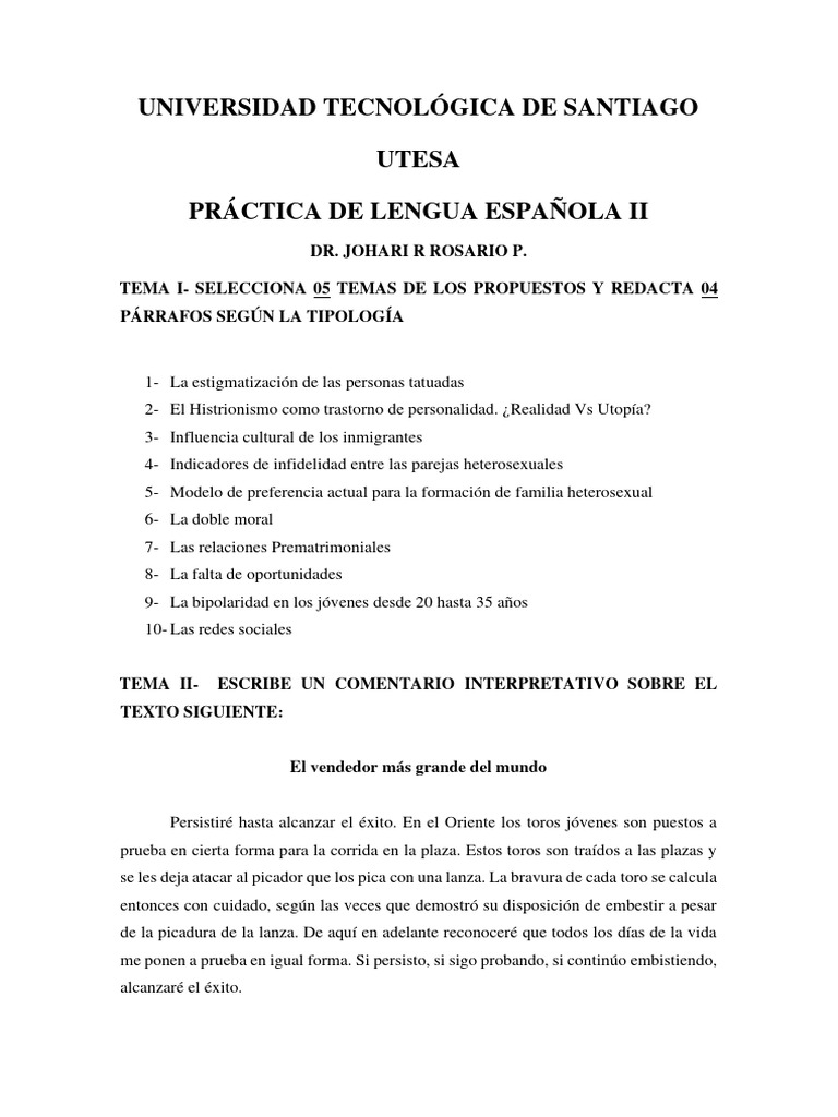 UNIVERSIDAD TECNOLÃ GICA DE SANTIAGO PrÃ¡ctica N. 02 Leng. Esp. II Dr. Johari Rosario | PDF