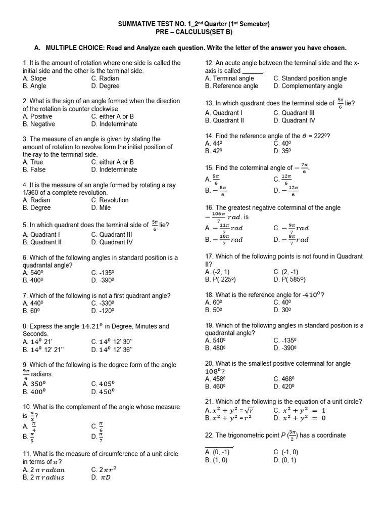Summative No.1 - Precal - 2ND Qrtrset B | PDF | Angle | Pi