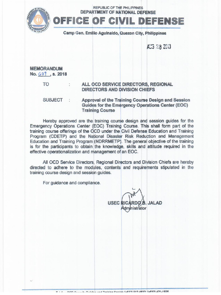 OCD Memo No 637 S 2018 Approval of EOC Training Course Design - EOC | PDF