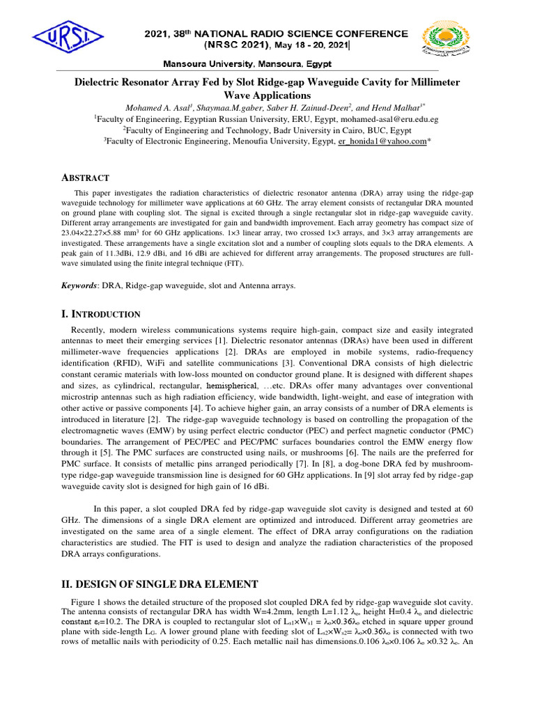 Dielectric Resonator Array Fed by Slot Ridge-Gap Waveguide Cavity For ...