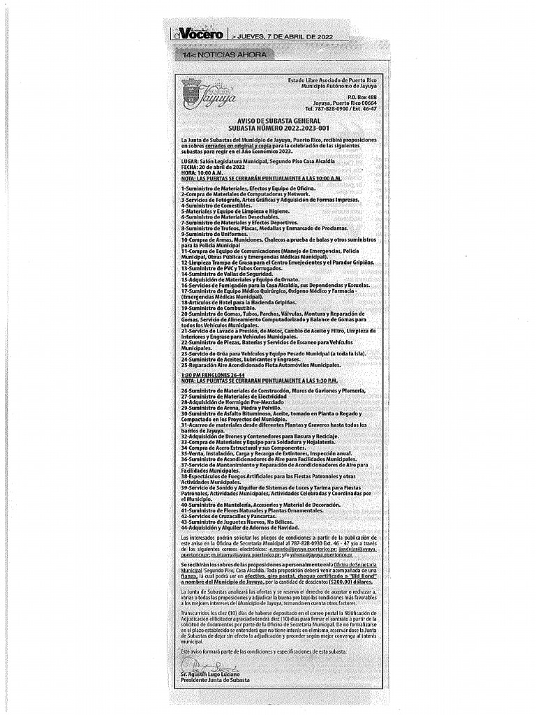 Aviso Publico - Subasta General 2022-2023-001 | PDF