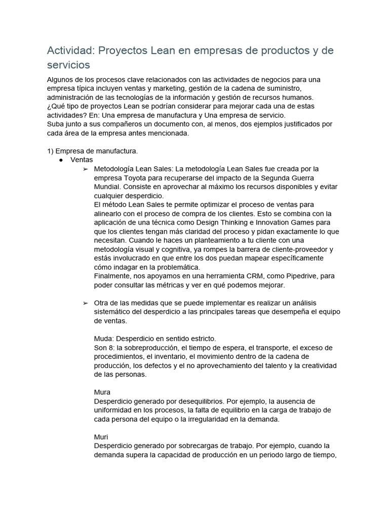 Actividad - Proyectos Lean en Empresas de Productos y de Servicios | PDF | Lean Manufacturing ...