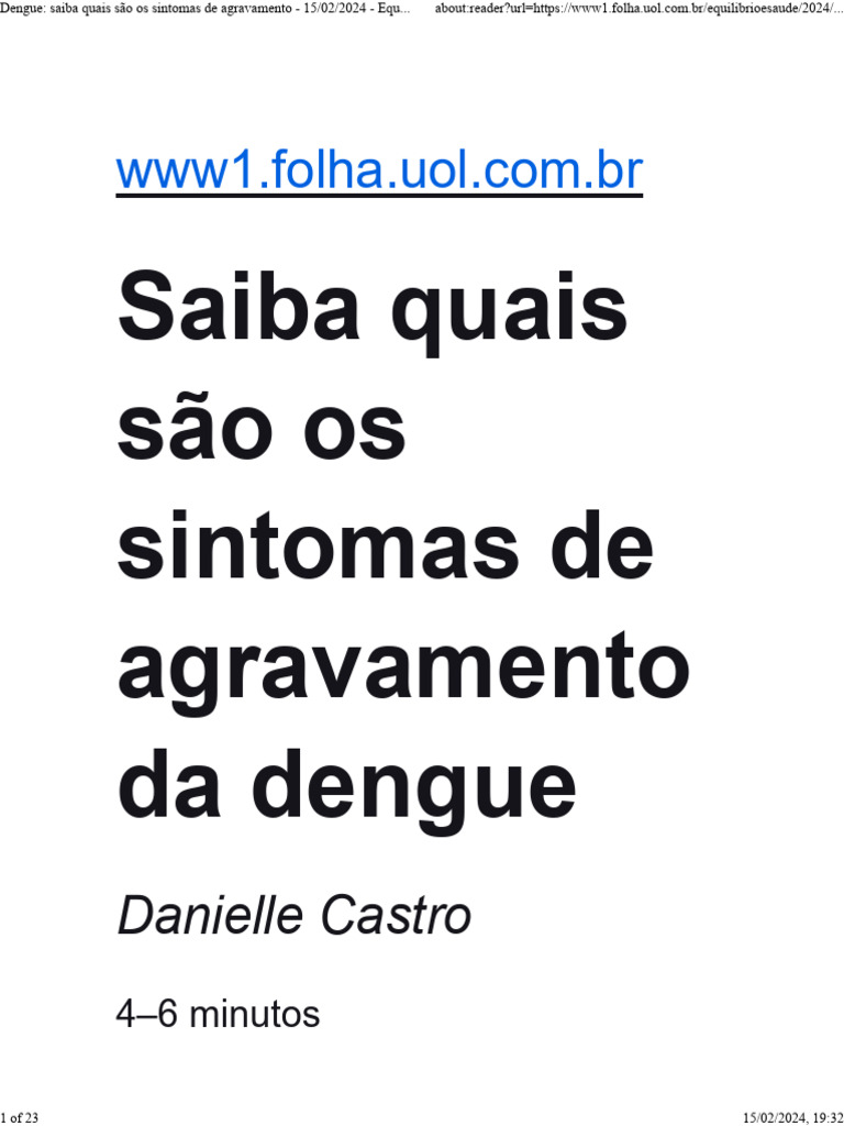 Dengue Saiba Quais São Os Sintomas de Agravamento - 15-02-2024 ...