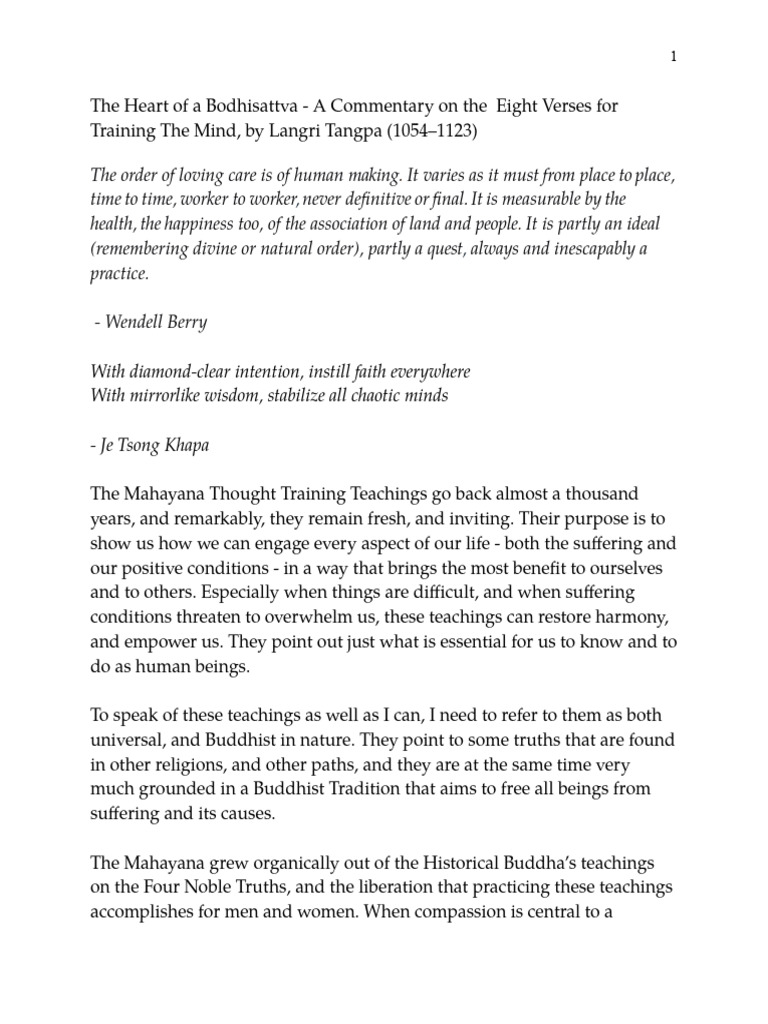 The Heart of A Bodhisattva - A Commentary On The Eight Verses For Training The Mind | PDF ...