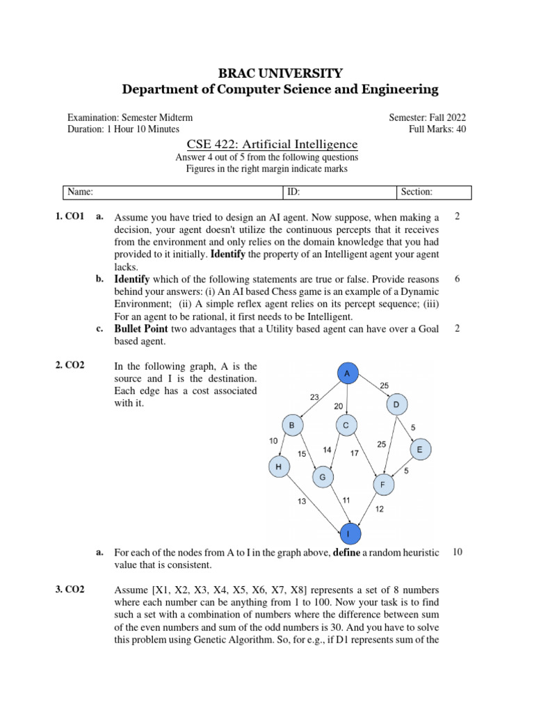 CSE422 Midterm Fall 2022 | PDF | Artificial Intelligence | Intelligence (AI) & Semantics