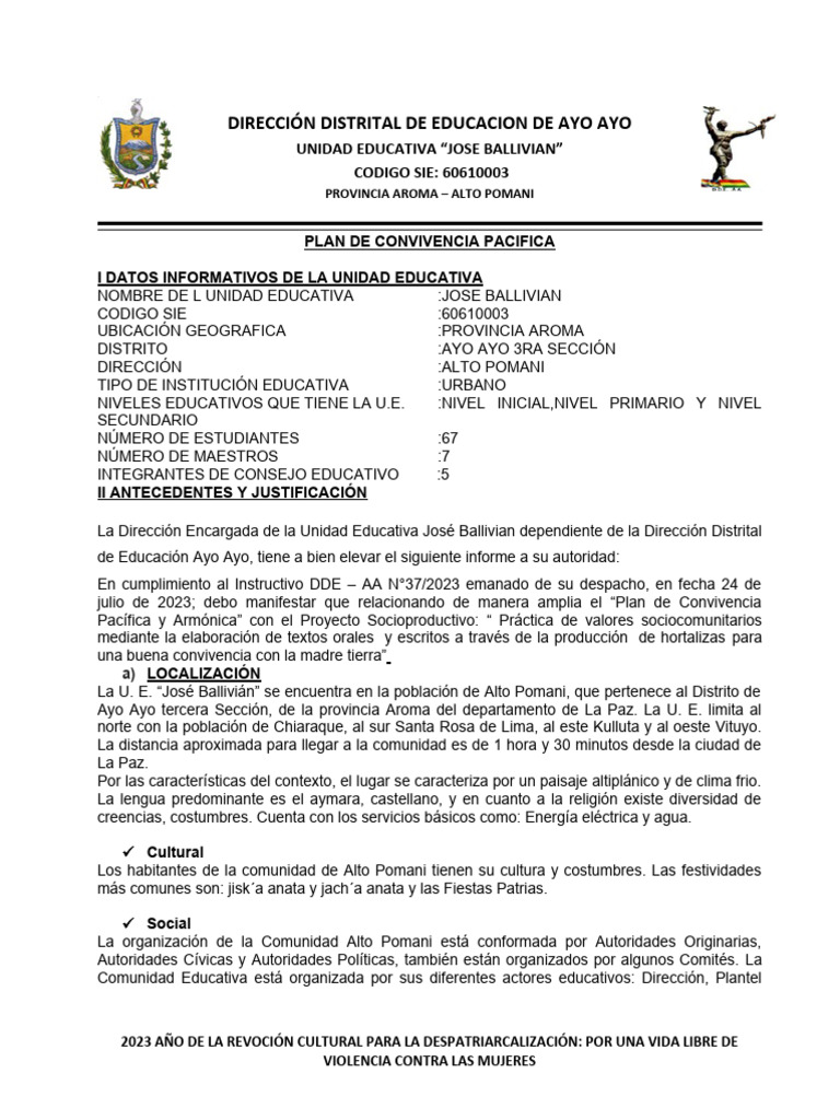 Plan de Convivencia Pacifica y Armonica | Descargar gratis PDF | Comportamiento | Familia