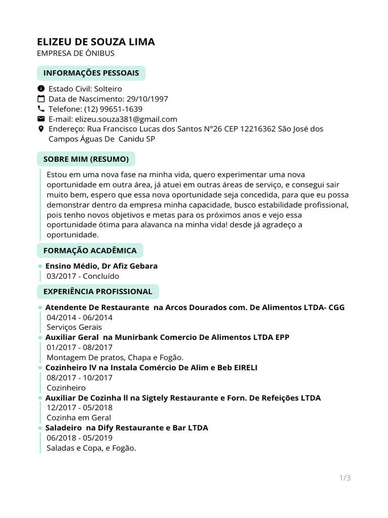 Currículo - Elizeu de Souza Lima | PDF