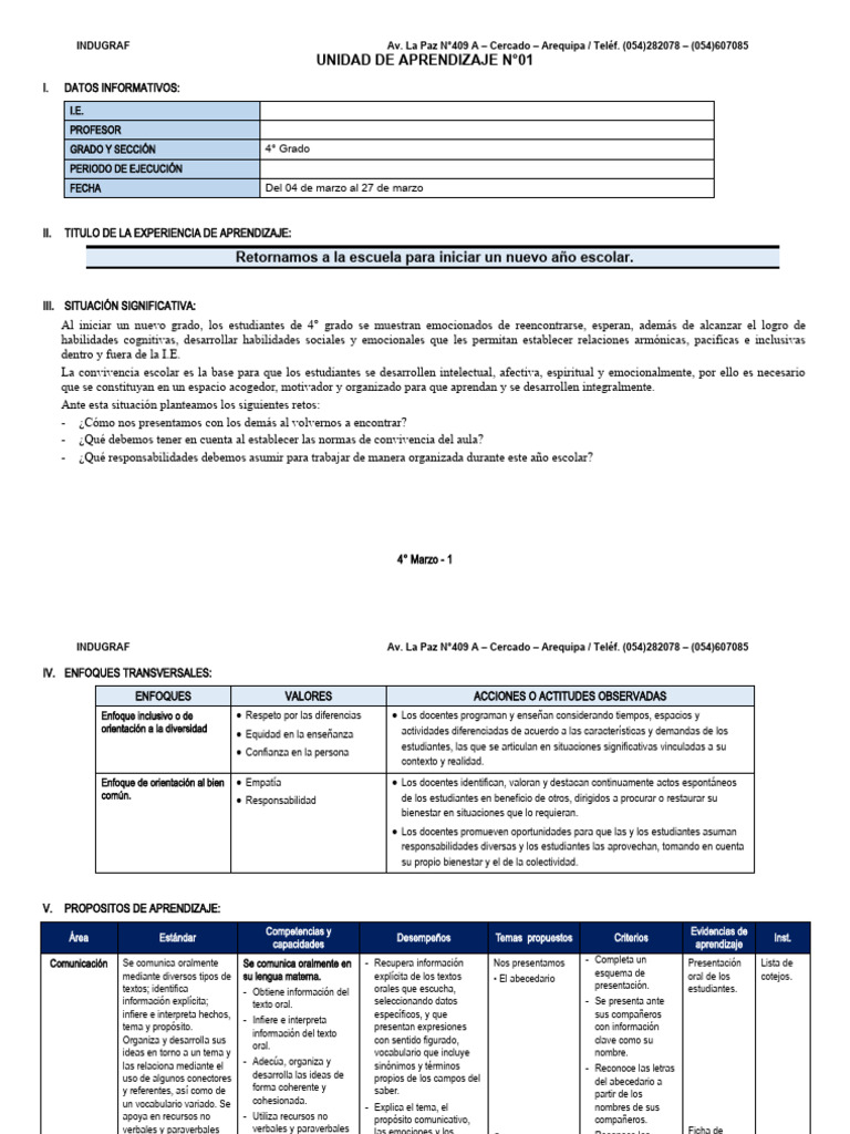 4° Grado - Unidad de Aprendizaje N°01 | PDF | Números | Aprendizaje