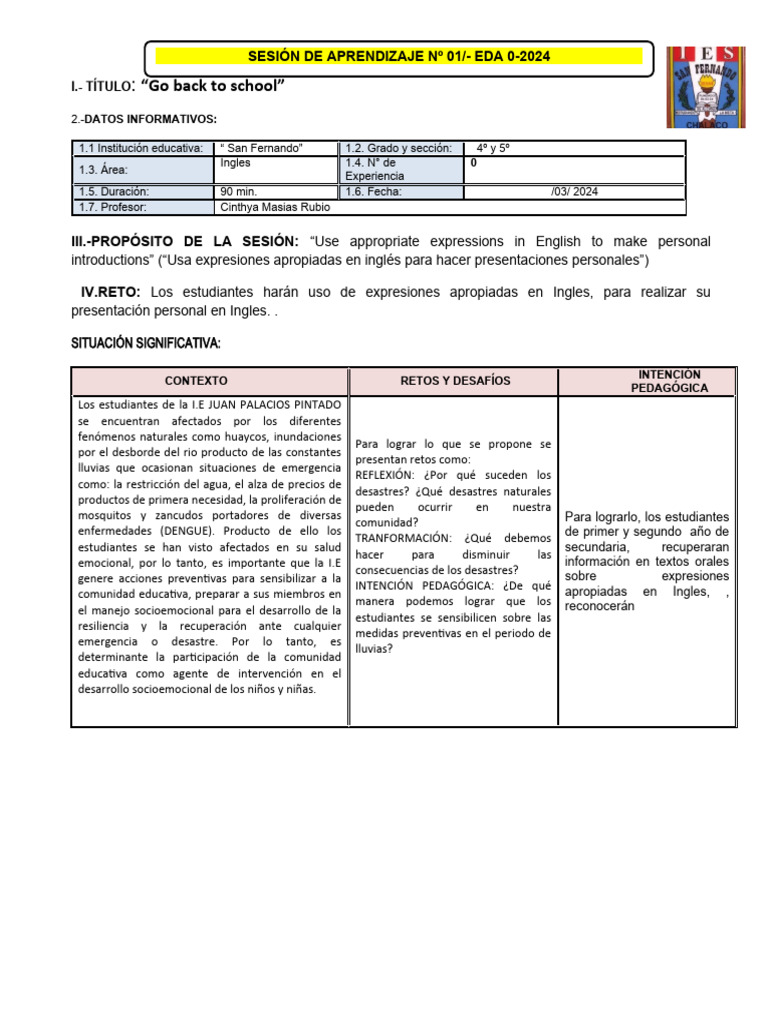 SESIÓN DE APRENDIZAJE 01 de 3° y 4° | PDF | Evaluación | Cognición