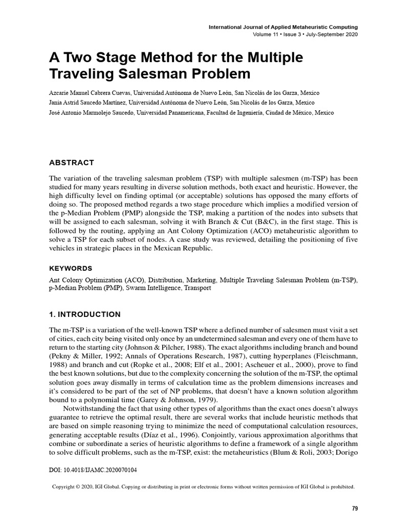 A Two Stage Method For The Multiple Traveling Salesman Problem | PDF | Metaheuristic ...