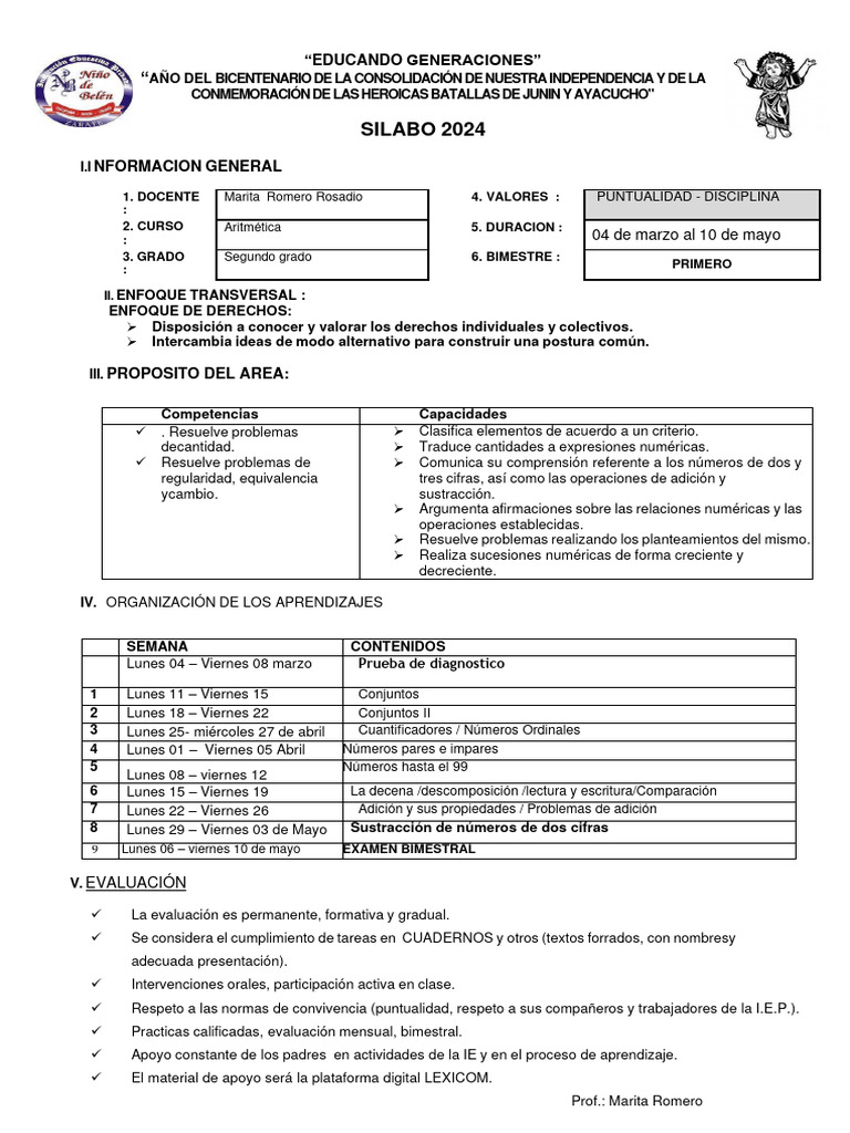silabus segundo grado 2024 | PDF | Evaluación | Maestros