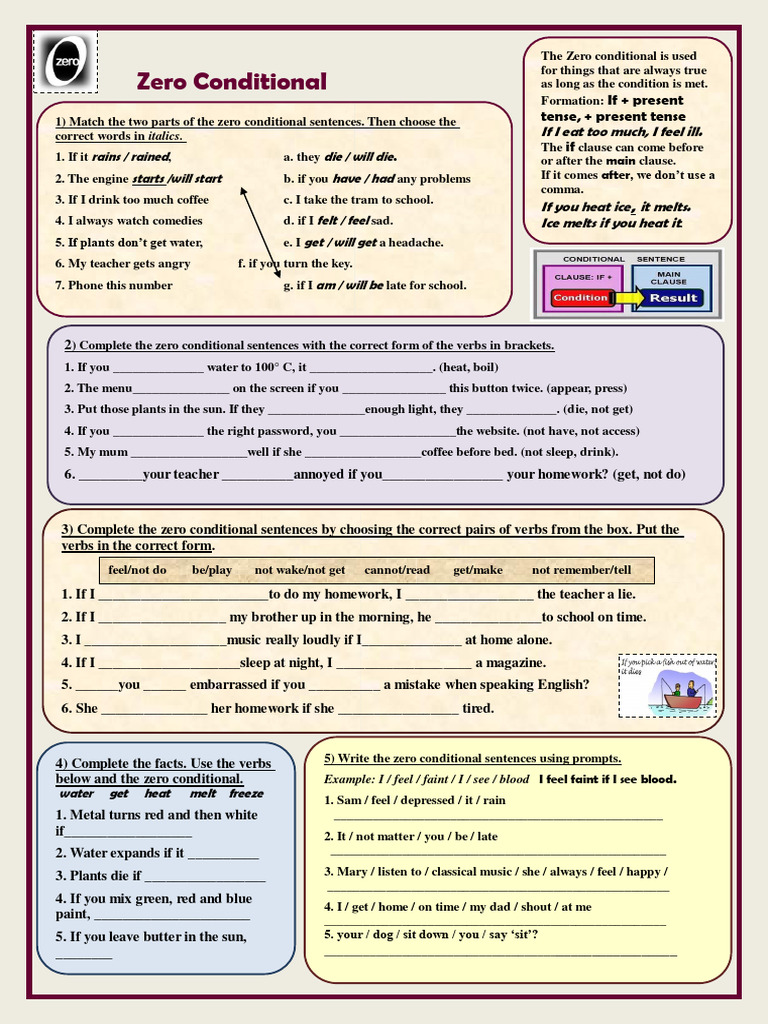 Zero Conditional Exercises and Practice | PDF | Sentence (Linguistics ...