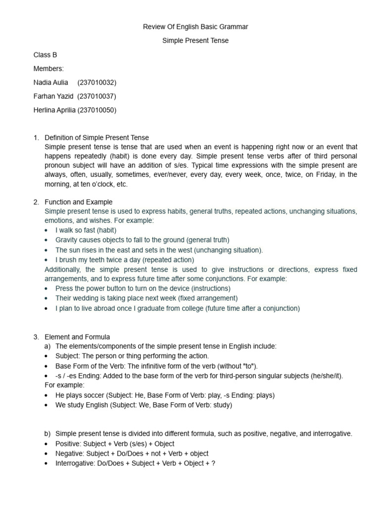 Definition of Simple Present Tense | PDF | Grammatical Tense | Verb