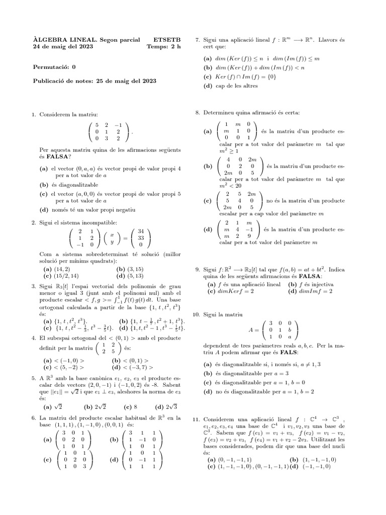 Parcial2 2022 23 Primavera Algebra Enun Sol | PDF