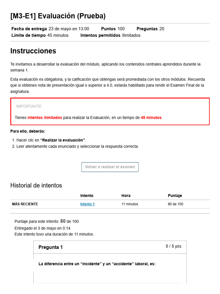 (M3-E1) Evaluación (Prueba) - GESTIÓN DE PREVENCIÓN Y RIESGOS LABORALES | PDF | Sicología ...