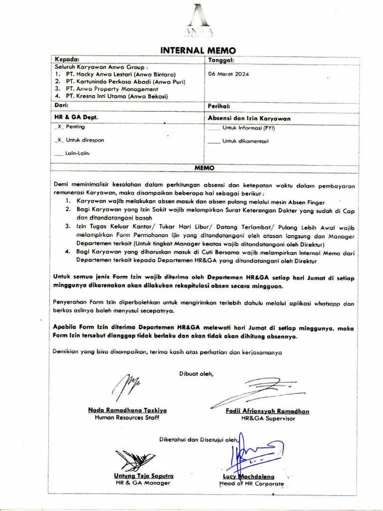 Internal Memo Absensi Dan Izin Karyawan | PDF