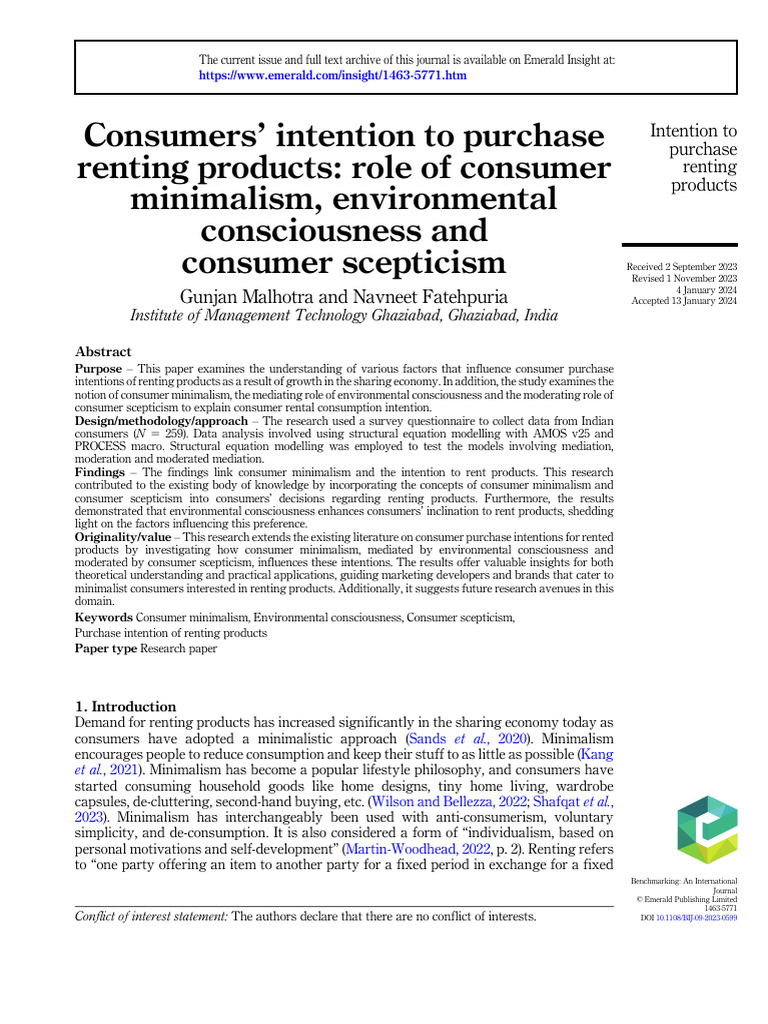 Consumers ' Intention To Purchase Renting Products: Role of Consumer ...