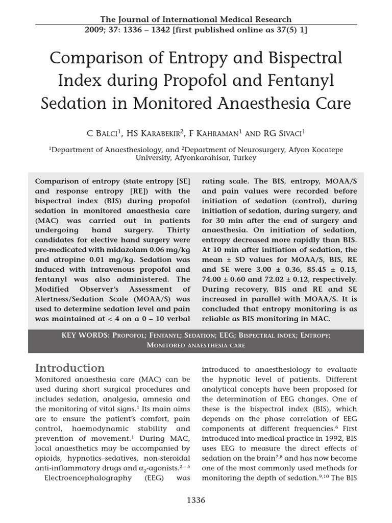 Balci Et Al 2009 Comparison of Entropy and Bispectral Index During Propofol and Fentanyl ...
