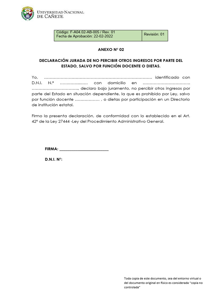 F-A04.02-Ab-005 Anexo N2 - Declaración Jurada de No Percibir Otros Ingresos Por Parte Del Estado ...