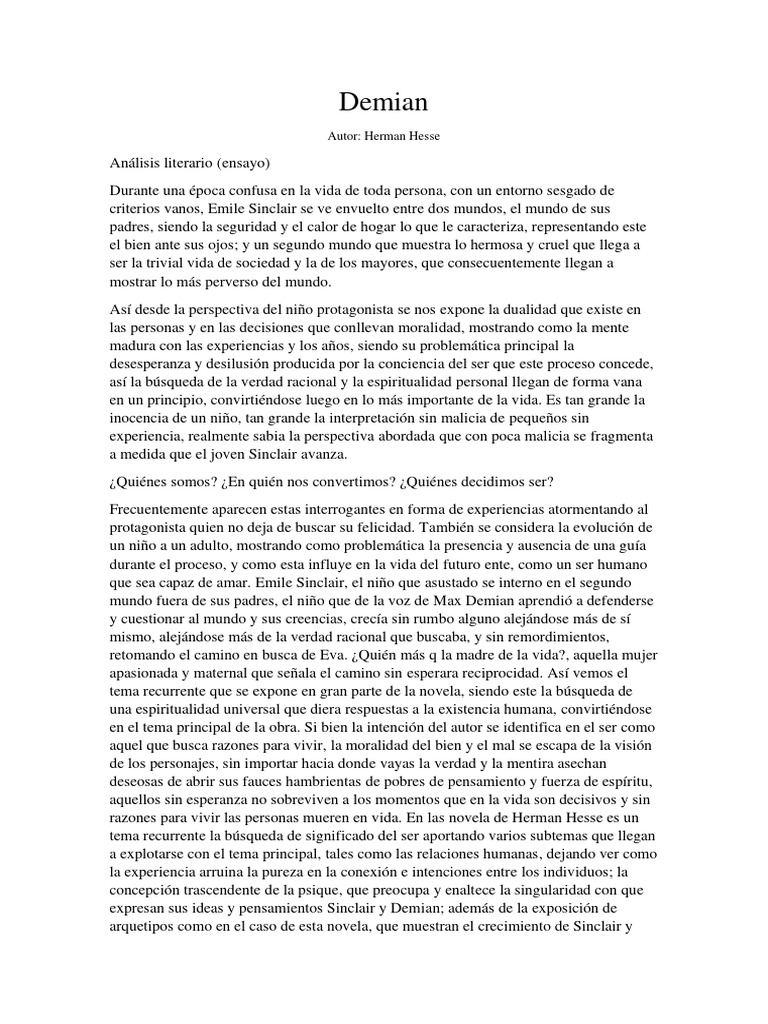Demian, Herman Hesse (Análisis Literario) | PDF