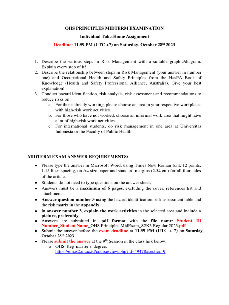 Ohs Principles Midterm Examination 2023 | PDF | Risk | Risk Management