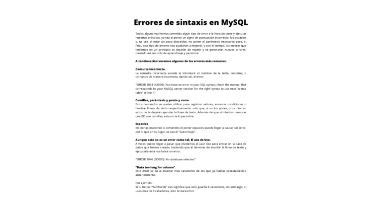 Errores Comunes en MySQL y Soluciones | PDF | Métodos y materiales de enseñanza | Tecnología