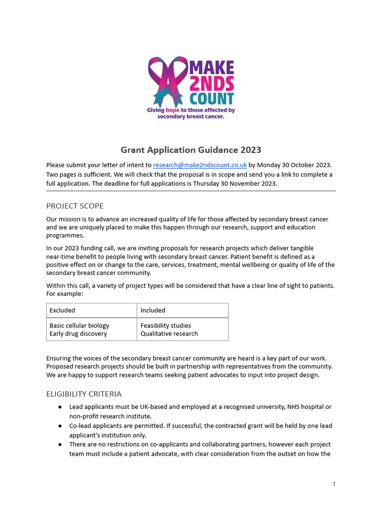 M2C Grant Application Guidance | PDF | Cancer | Health Care