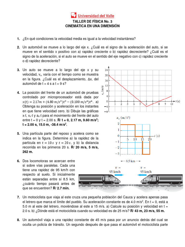 Taller 3 Cinemática 1D | PDF | Cinemática | Velocidad