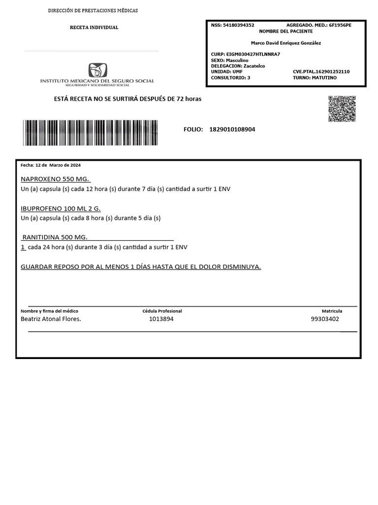 Copia de Receta Con QR y Sello Imss 3 | PDF